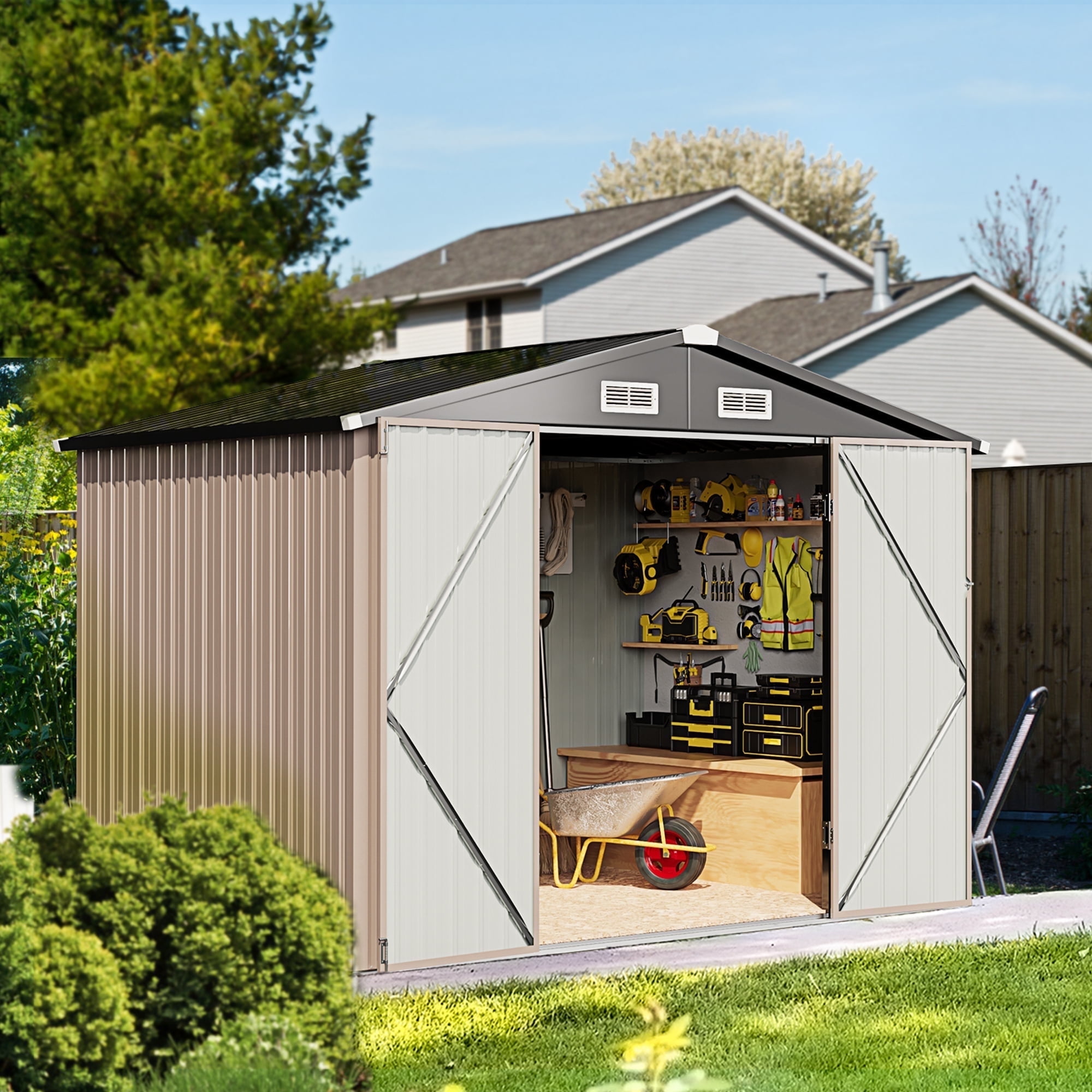 Aoxun 8' x 6' Weather-Resistant Outdoor Steel Storage Shed with Door ...