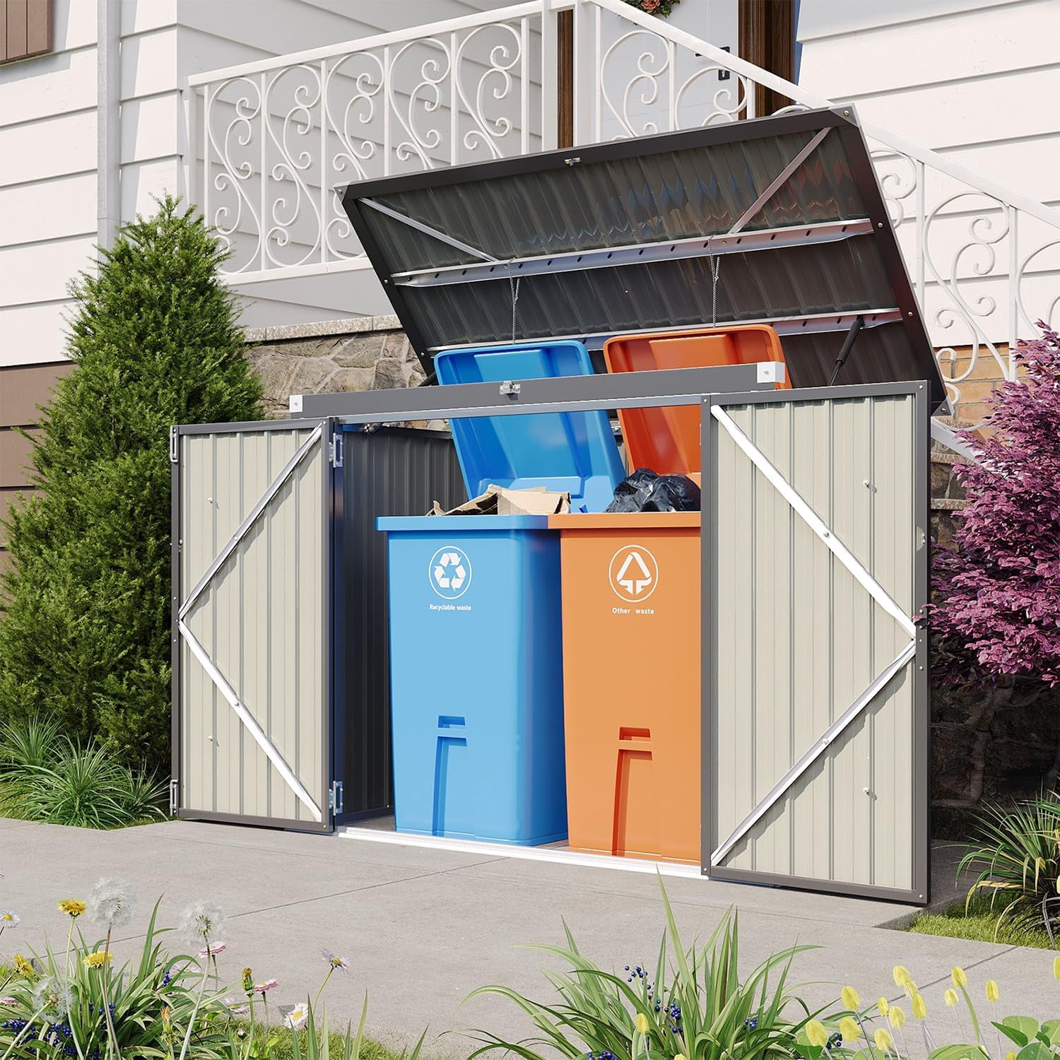Aoxun 80 CU.FT Outdoor Storage Shed Metal Trash Can Storage with Chain ...