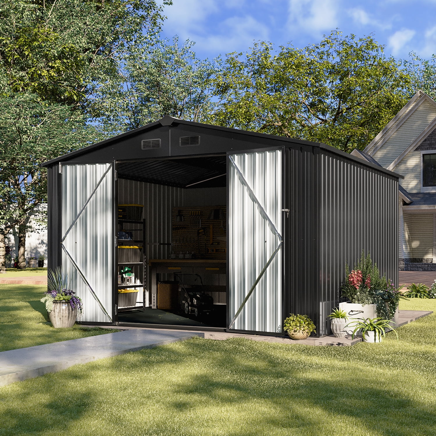 Aoxun 9.6x9.6x6.5ft Shed Outdoor Storage Shed, Metal Tool Shed with ...