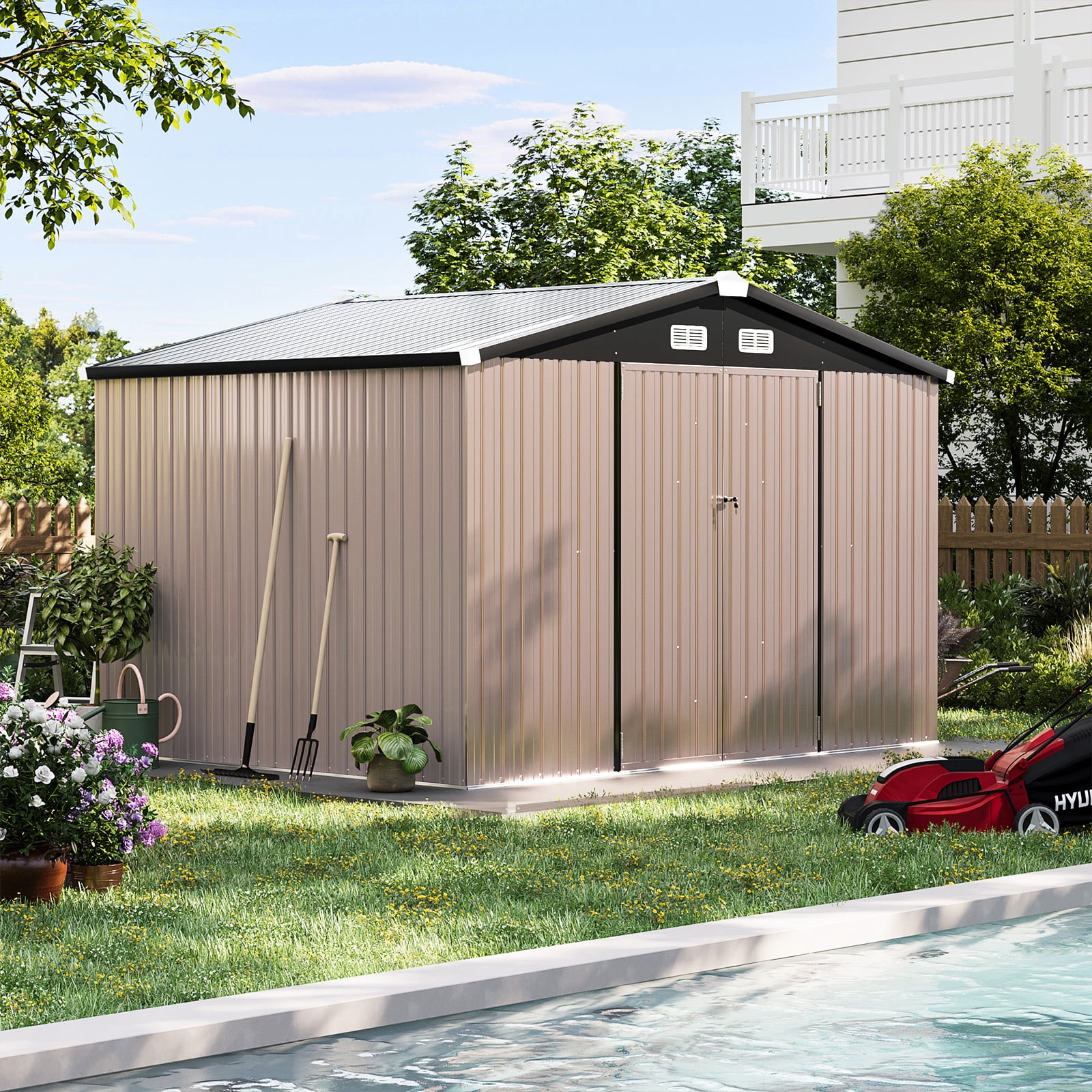 Aoxun Large 9.7' x 7.6' Outdoor Storage Shed, Durable Metal Shed with ...
