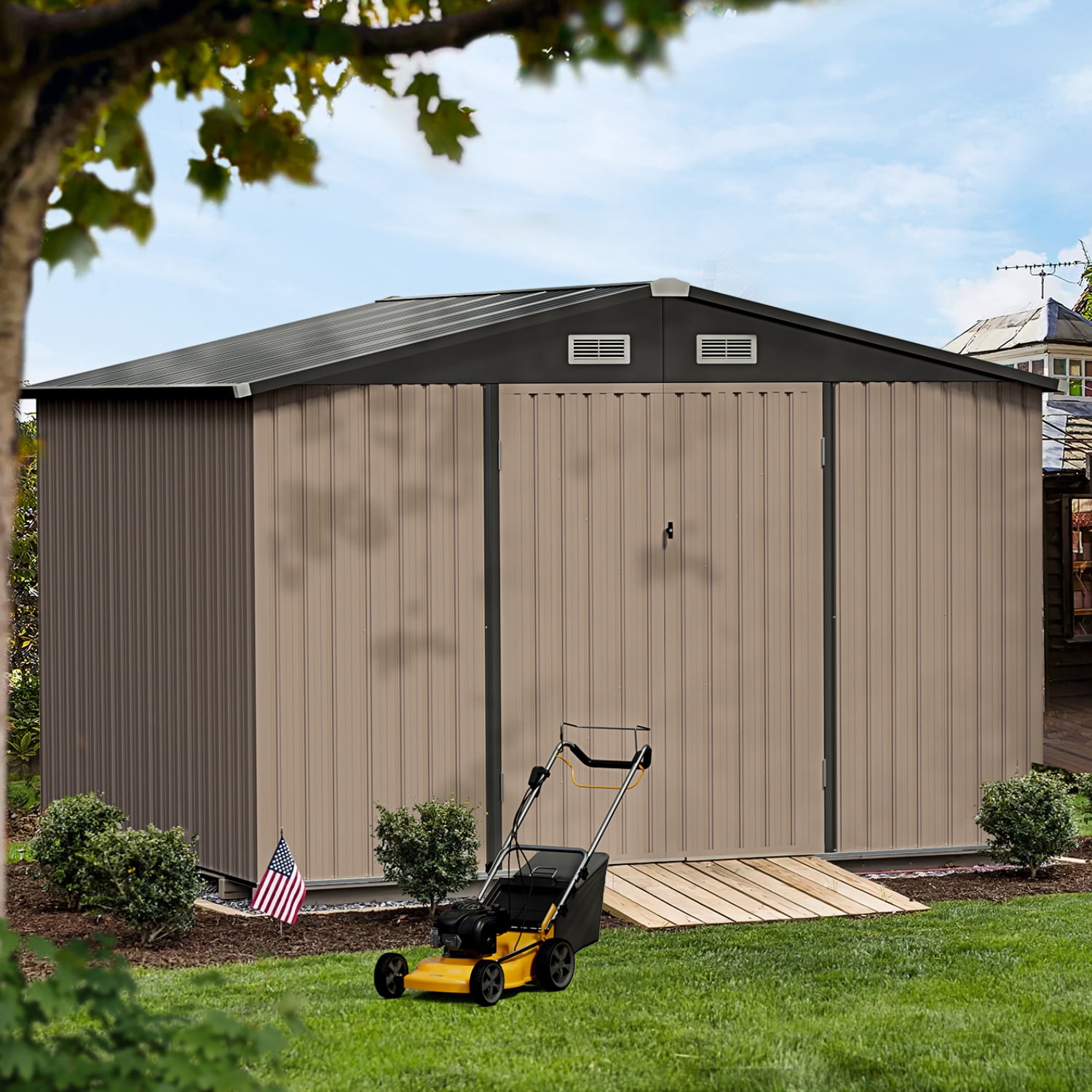 Aoxun 9.7' x 7.6' Outdoor Storage Shed, Meatl Shed with Door & Lock for ...