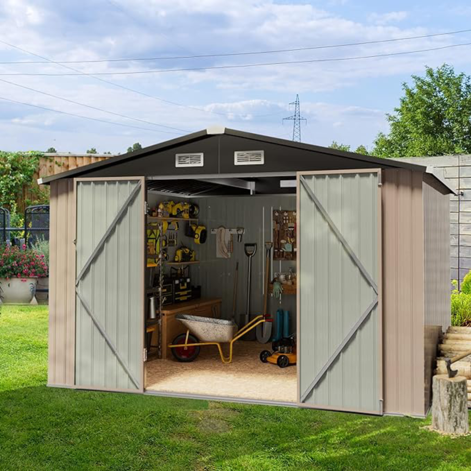 Aoxun 9.7' x 7.6' Outdoor Storage Shed with Base Frame, Metal Garden ...