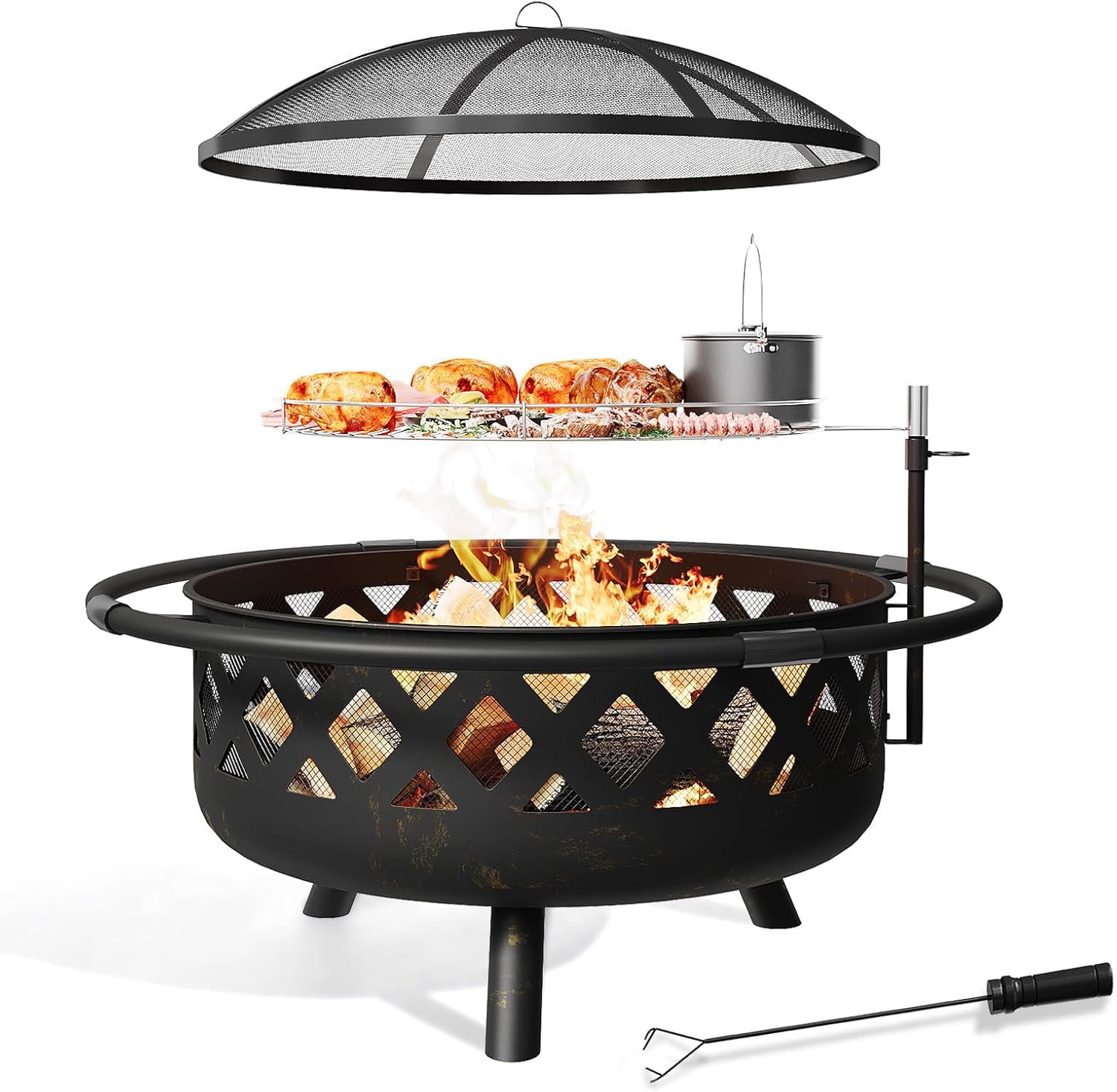 Aoxun Fire Pit 30in with Grill Outdoor Wood Burning 2 in 1 Fire Pit ...