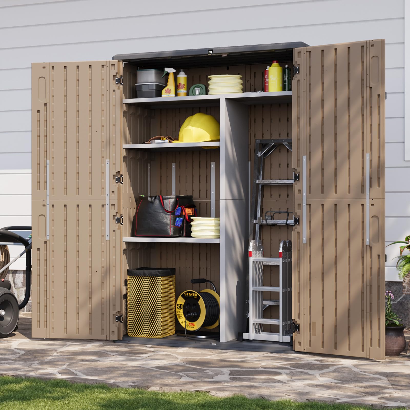Aoxun Outdoor Resin Storage Shed with Metal Shelving Kit & Floor, 64 Cu ...