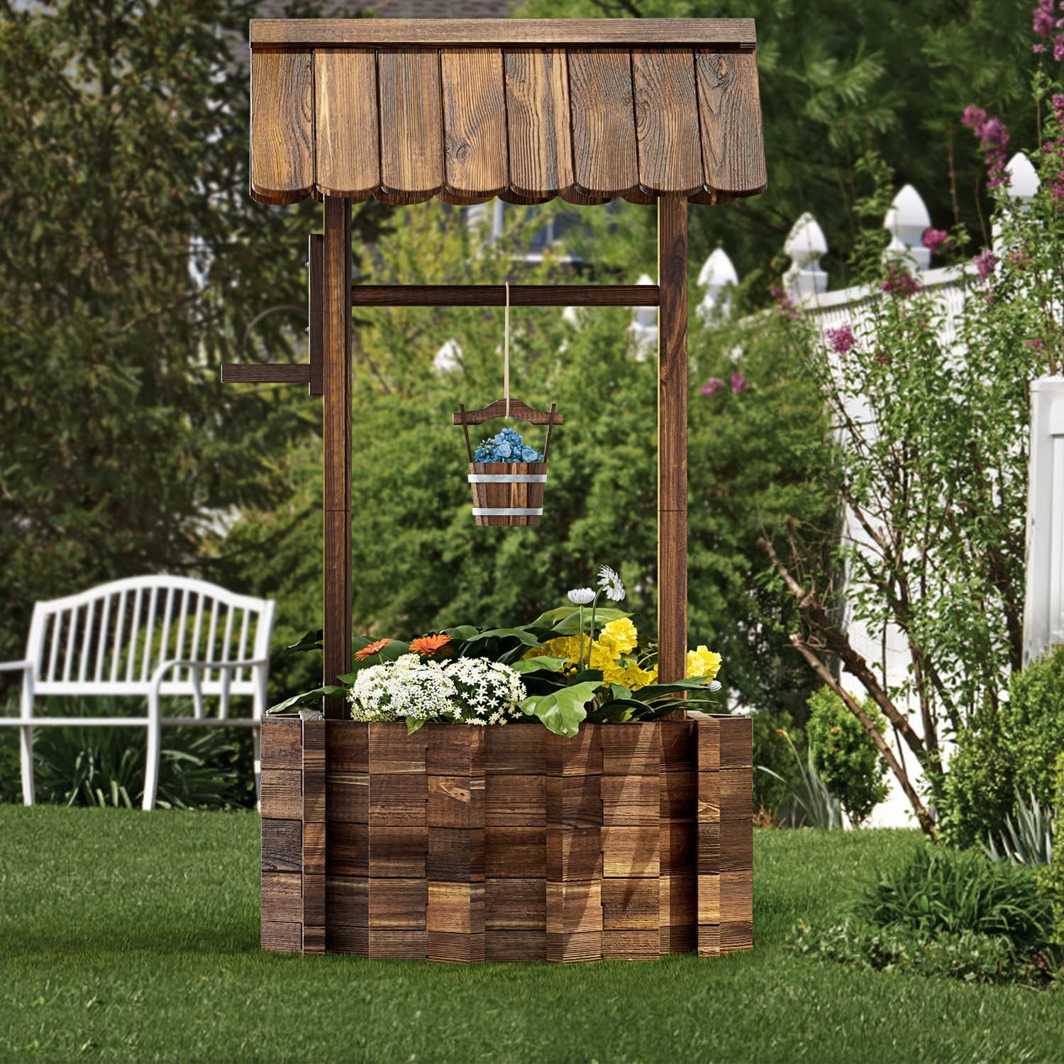 Aoxun Outdoor Wooden Wishing Well Planters with Hanging Bucket, Garden ...