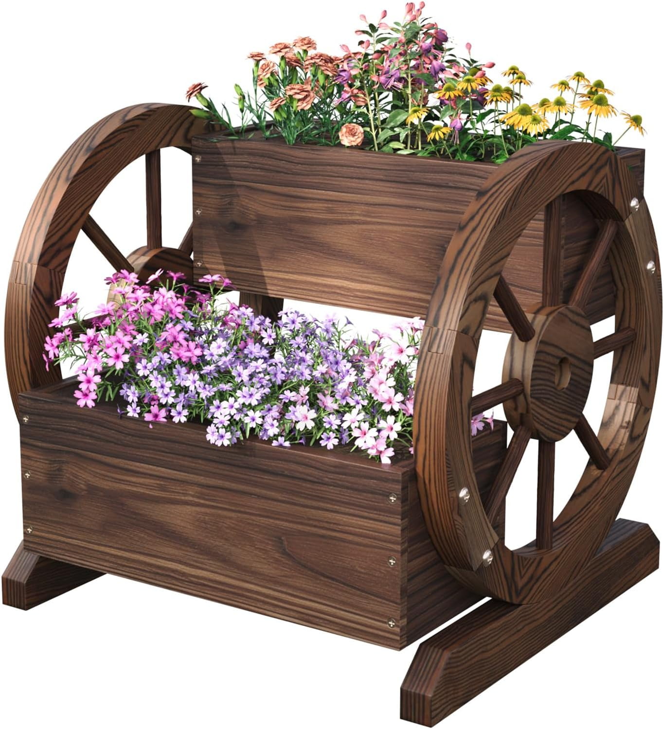 Aoxun Wooden Wagon Planter Box, 2 Tier Planter for Outdoor Plants ...