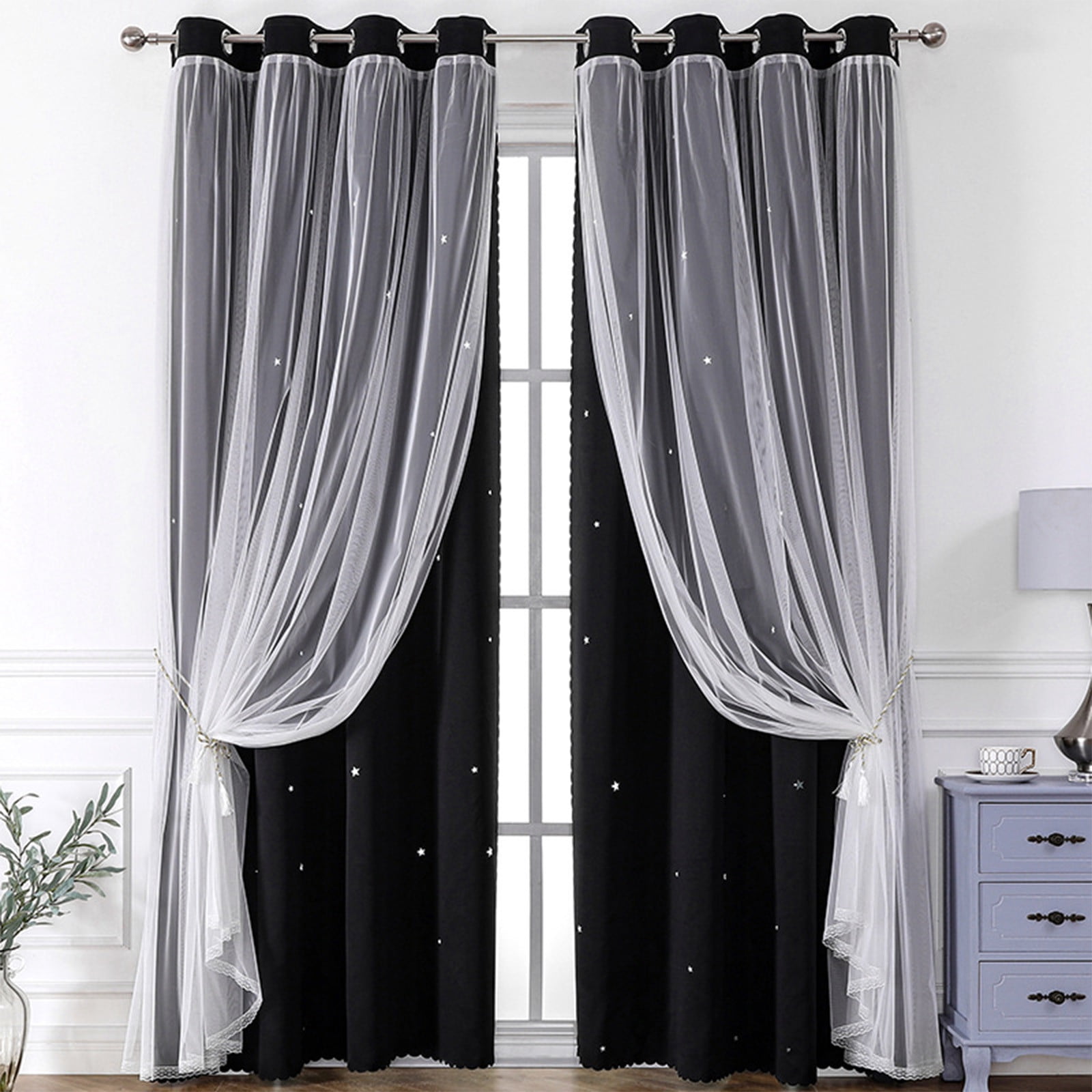 Aoznliie Blackout Curtains, Star Lace Sheer Curtains for Bedroom, 40x51 ...