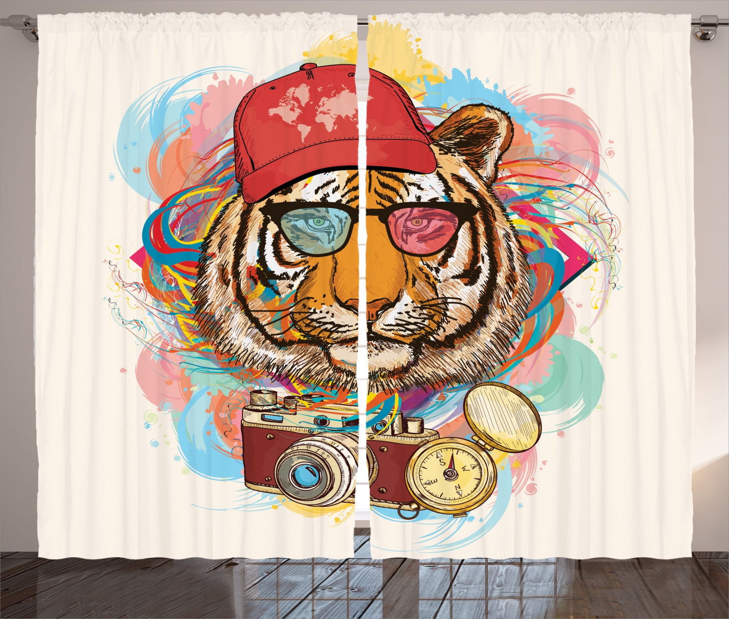 Ambesonne Animal Curtains 2 Panel Set, Hipster Tiger Sunglasses, 108" x ...