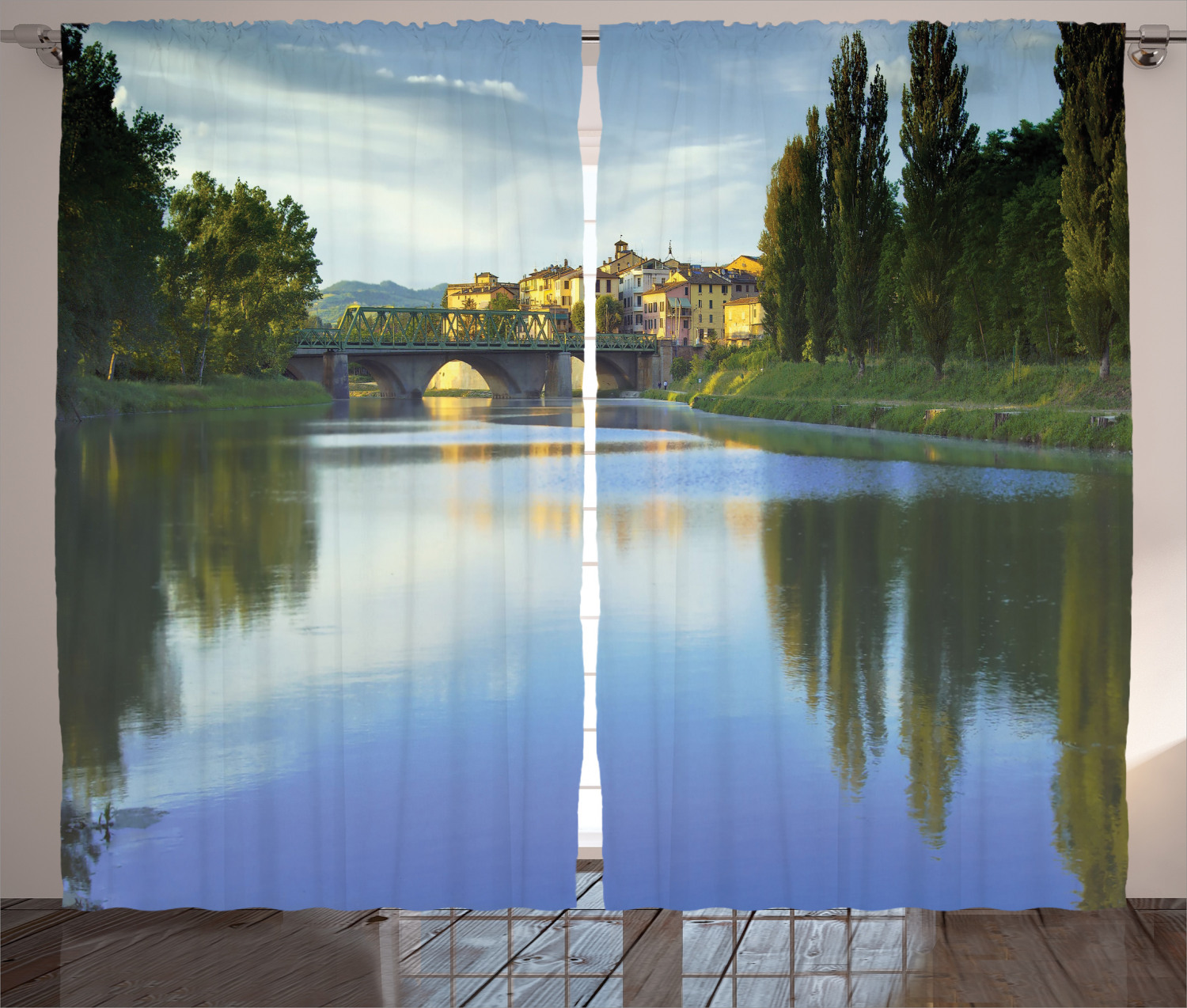 Ambesonne Nature Curtains 2 Panel Set, River Bridge Town Trees, 108" x ...