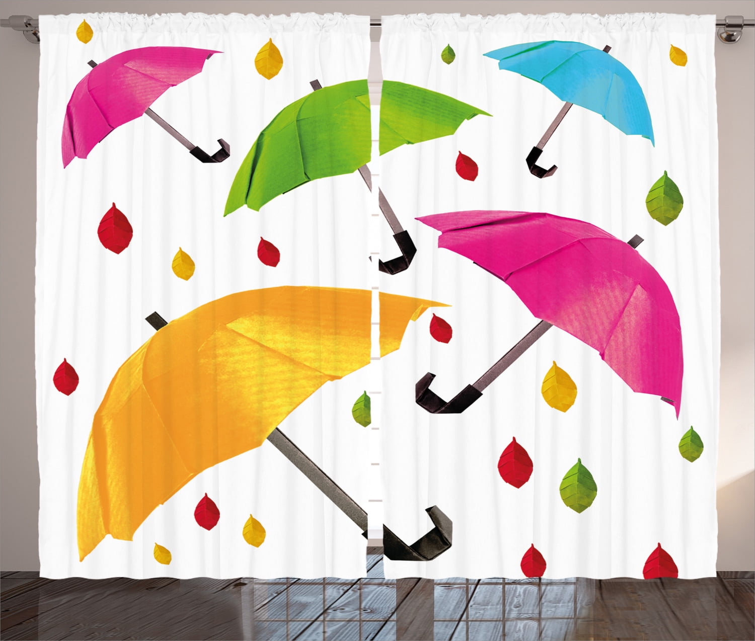 Ambesonne Colorful Curtains 2 Panel Set, Colorful Umbrellas Leaf, 108 ...