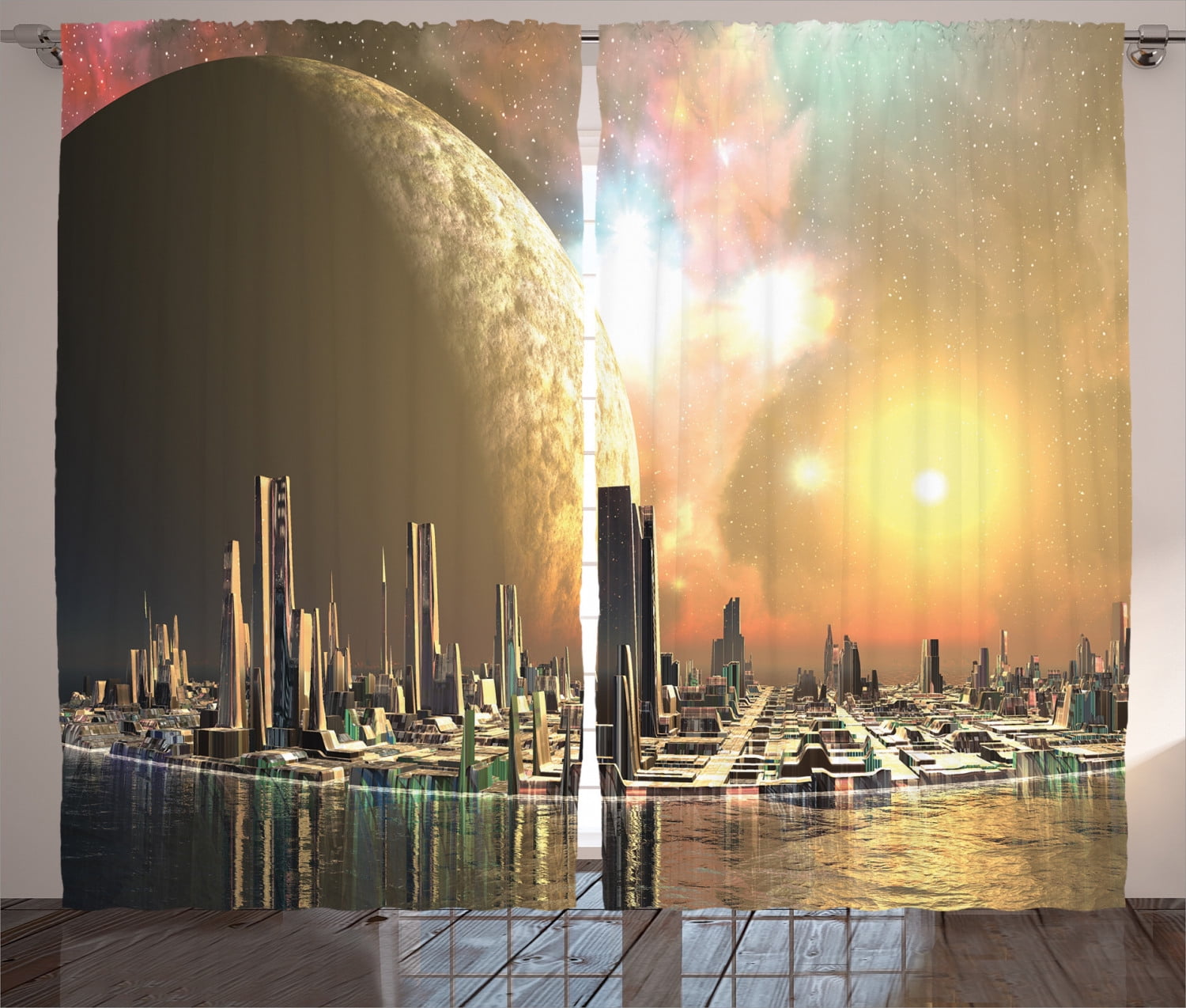 Apartment Decor Curtains 2 Panels Set, Utopia Islands Floating Future ...