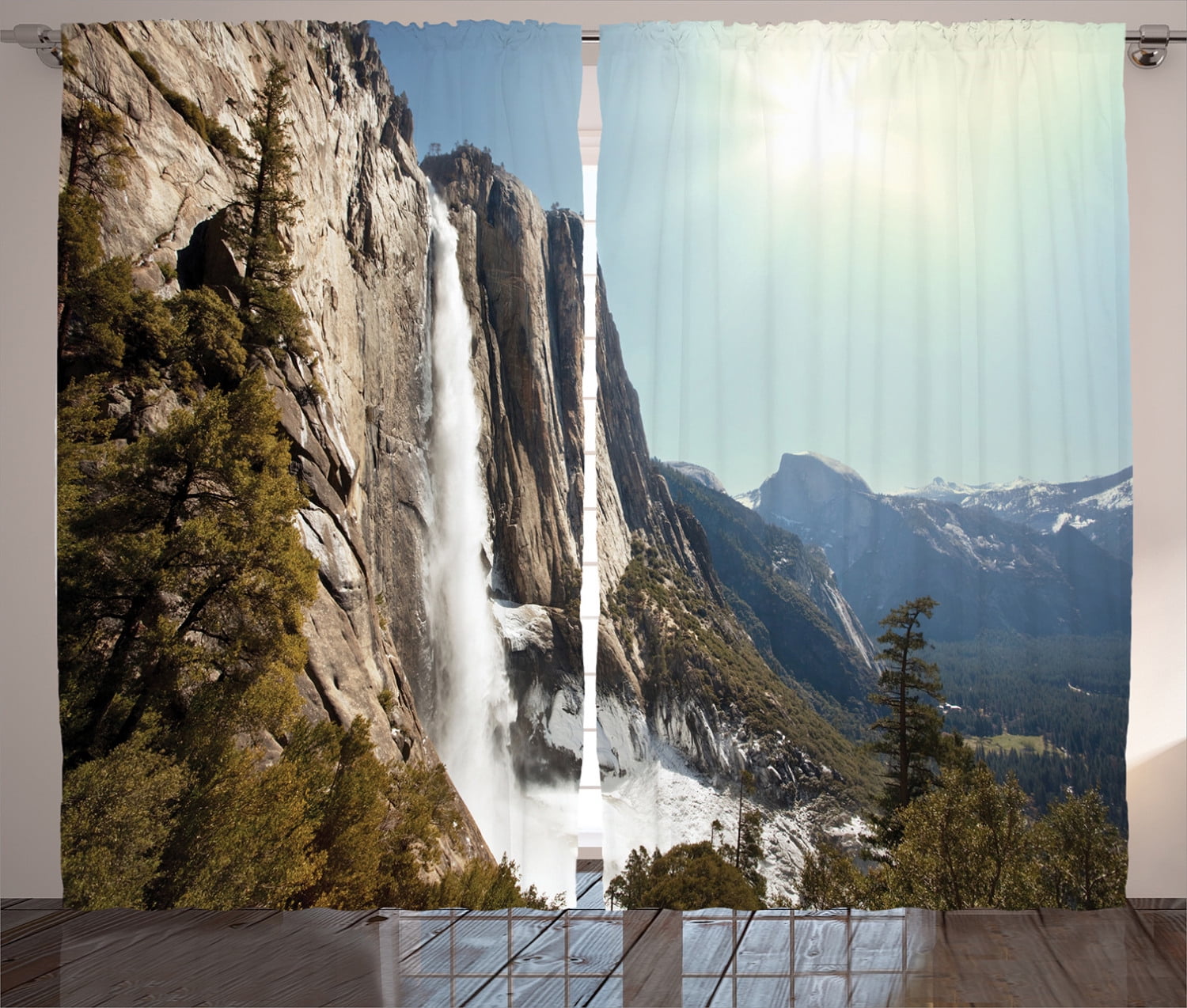 Ambesonne Nature Curtains 2 Panel Set, Yosemite Falls Mountain, 108" x ...