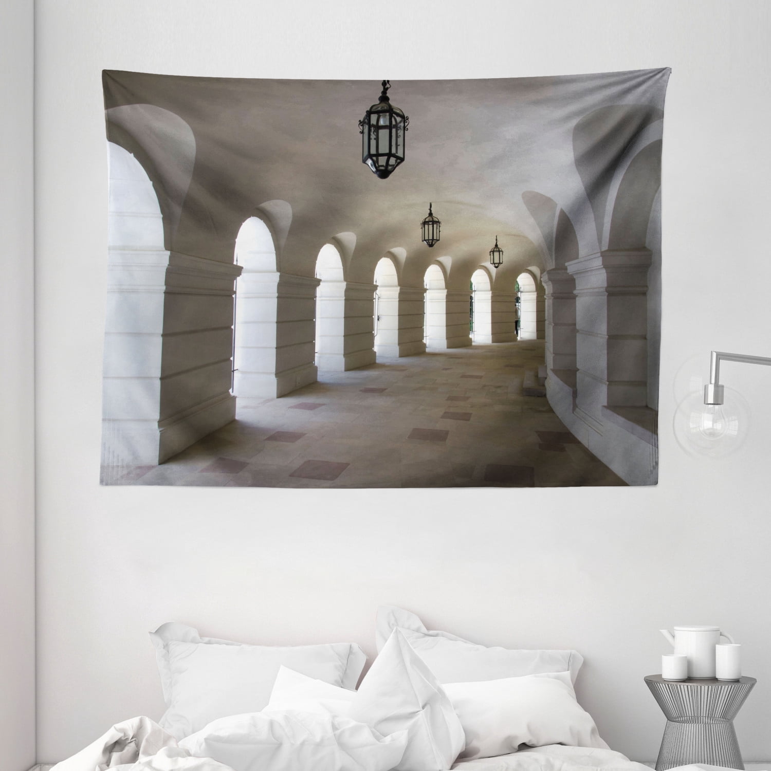Apartment Decor Tapestry, Medieval Buildings with Arches and Lanterns ...