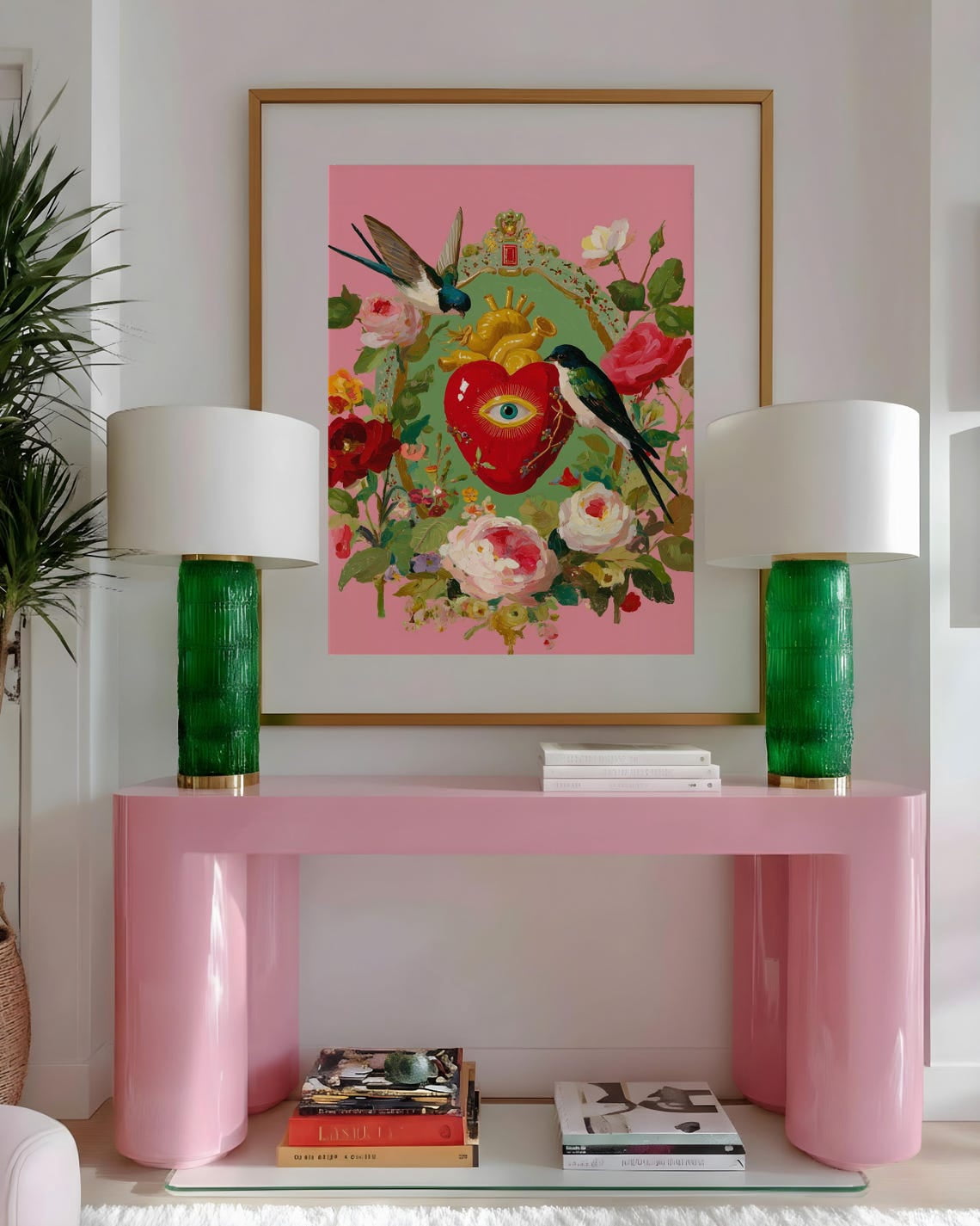 Apartment Trendy Bedroom Pink Floral Sacred Heart Wall Art Poster ...