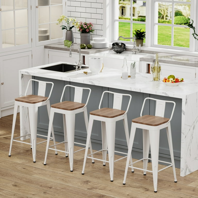 Apeaka 26 inch Bar Stools with Back Set of 4 Counter Height Chair with Wood Seat Metal Bar Stools White
