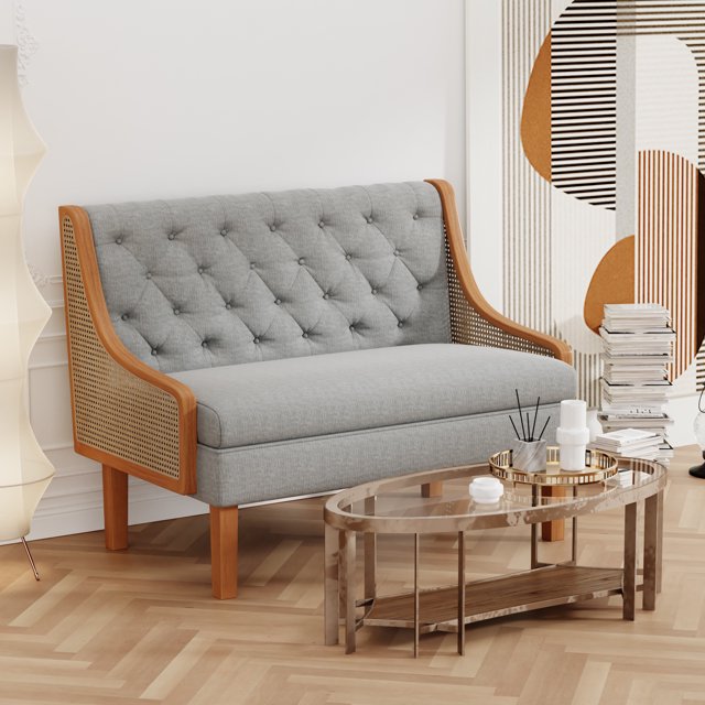 Apeaka Loveseat Settee Bench with Natural Rattan Arms, accent bench ...