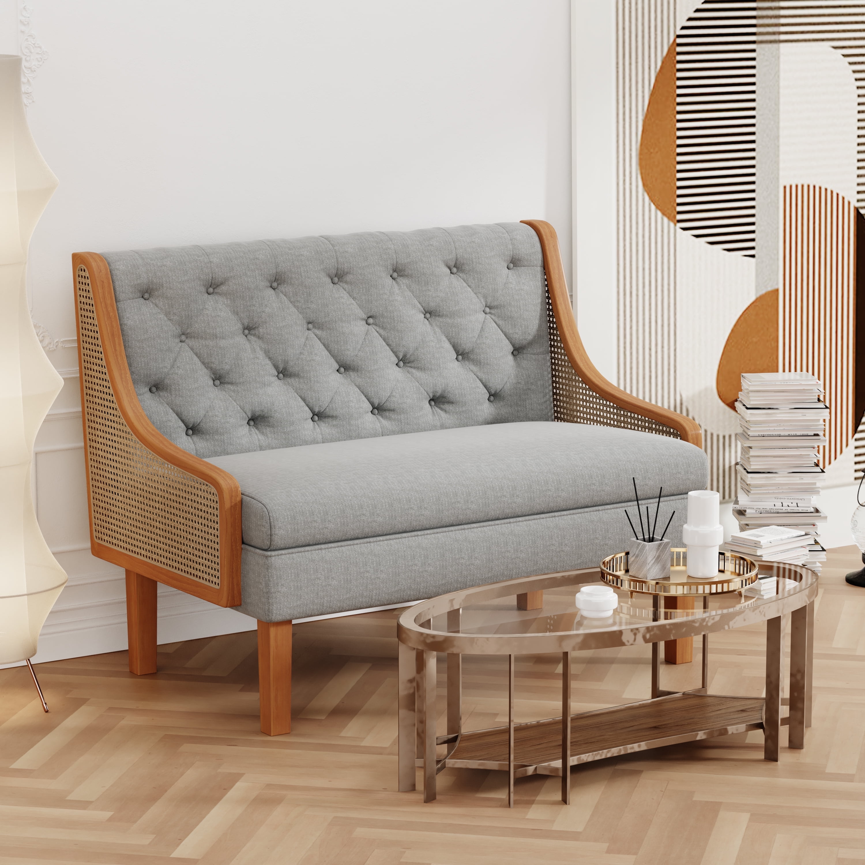 Apeaka Loveseat Settee Bench with Natural Rattan Arms, accent bench ...