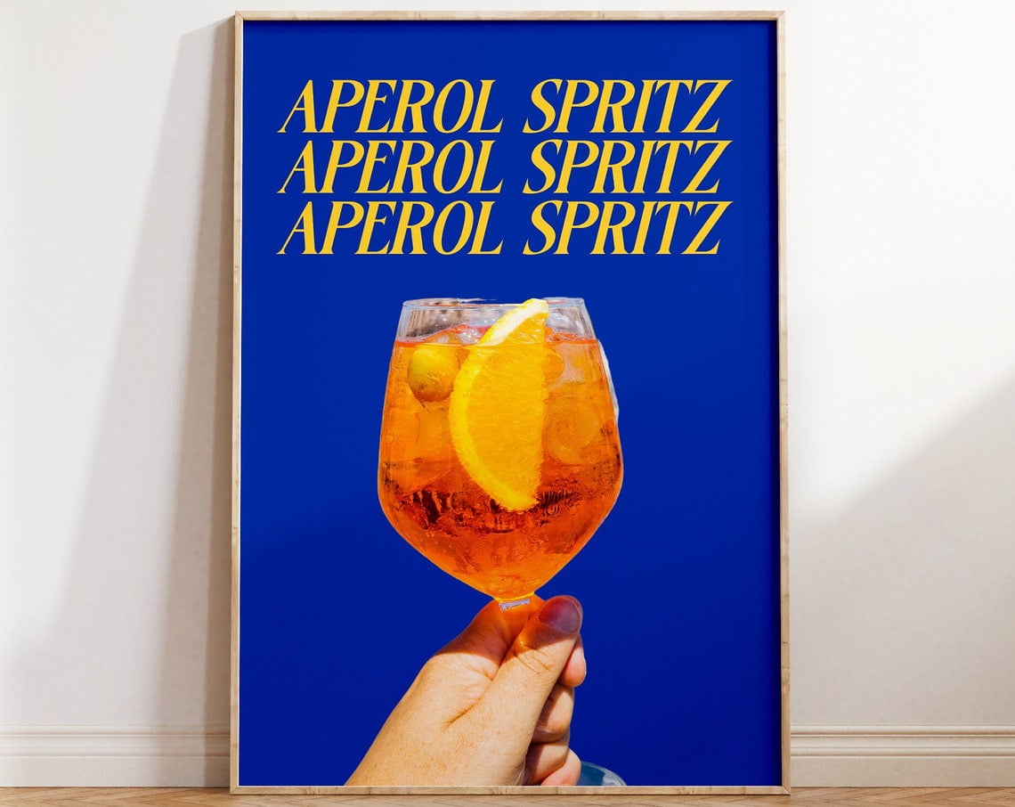 Aperol Spritz Bold Blue Trendy Wall Art Print - Retro Cocktail Poster ...