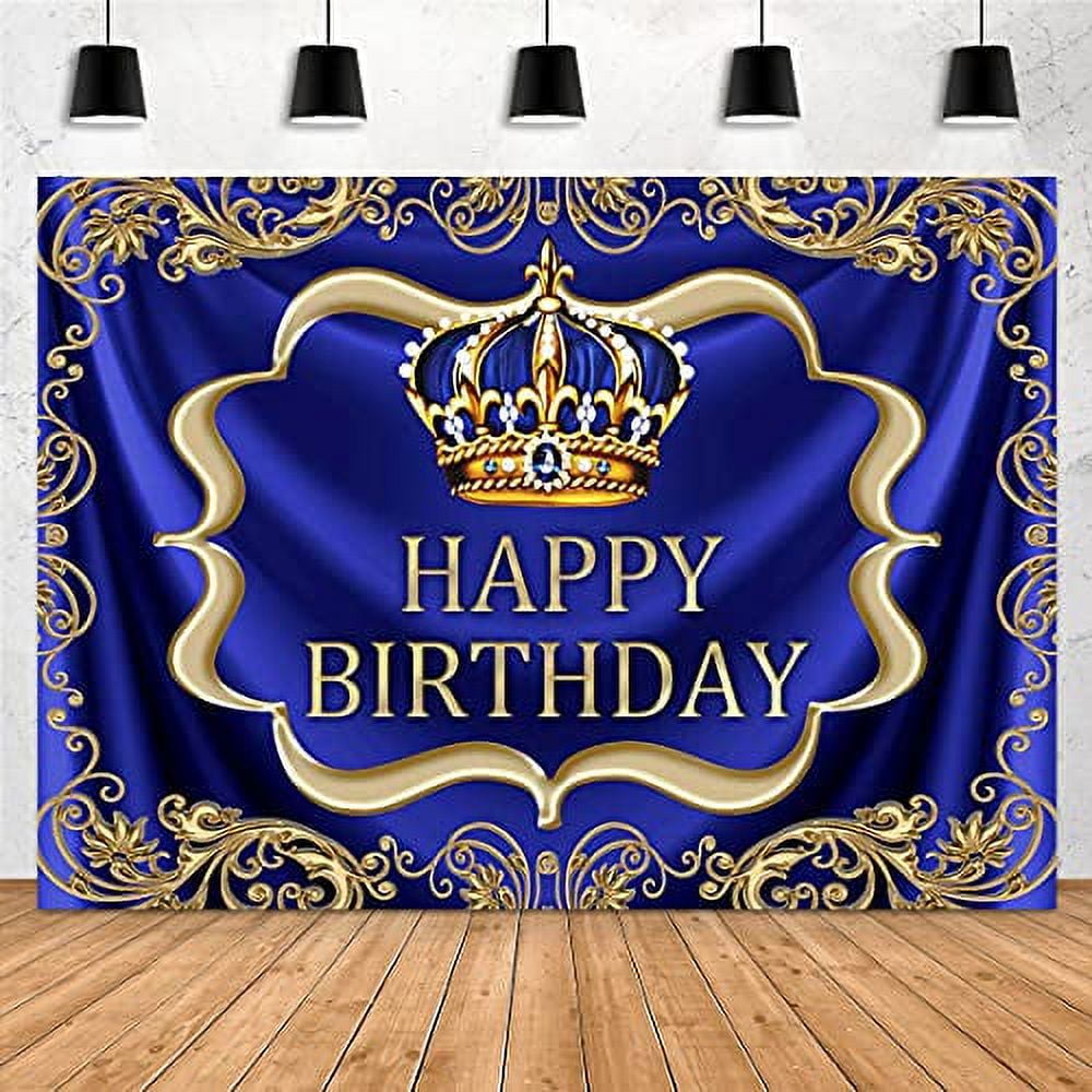 Aperturee Royal Blue and Gold Happy Birthday Backdrop 7x5ft Little Baby Boy Prince King Crown ...