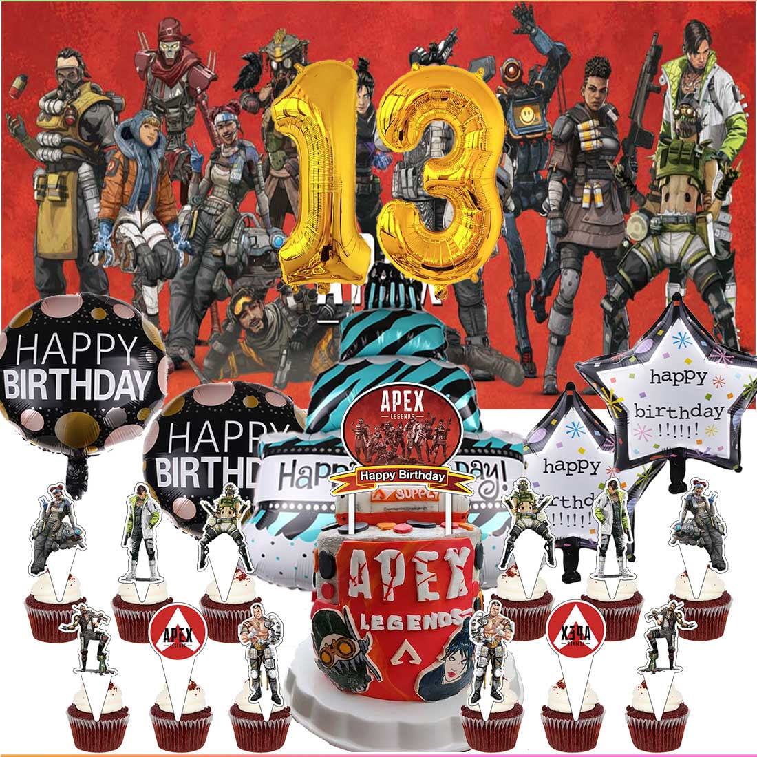 Apex Legends Party Supplies Decor 13th Kit Balloons Birthday Cake Topper Banner Backdrop ...