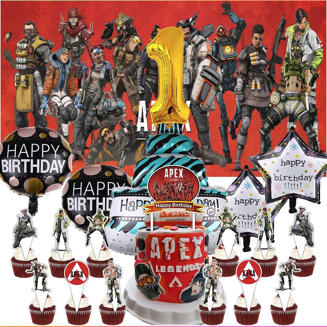 Apex Legends Party Supplies Decor 1st Kit Balloons Birthday Cake Topper Banner Backdrop ...