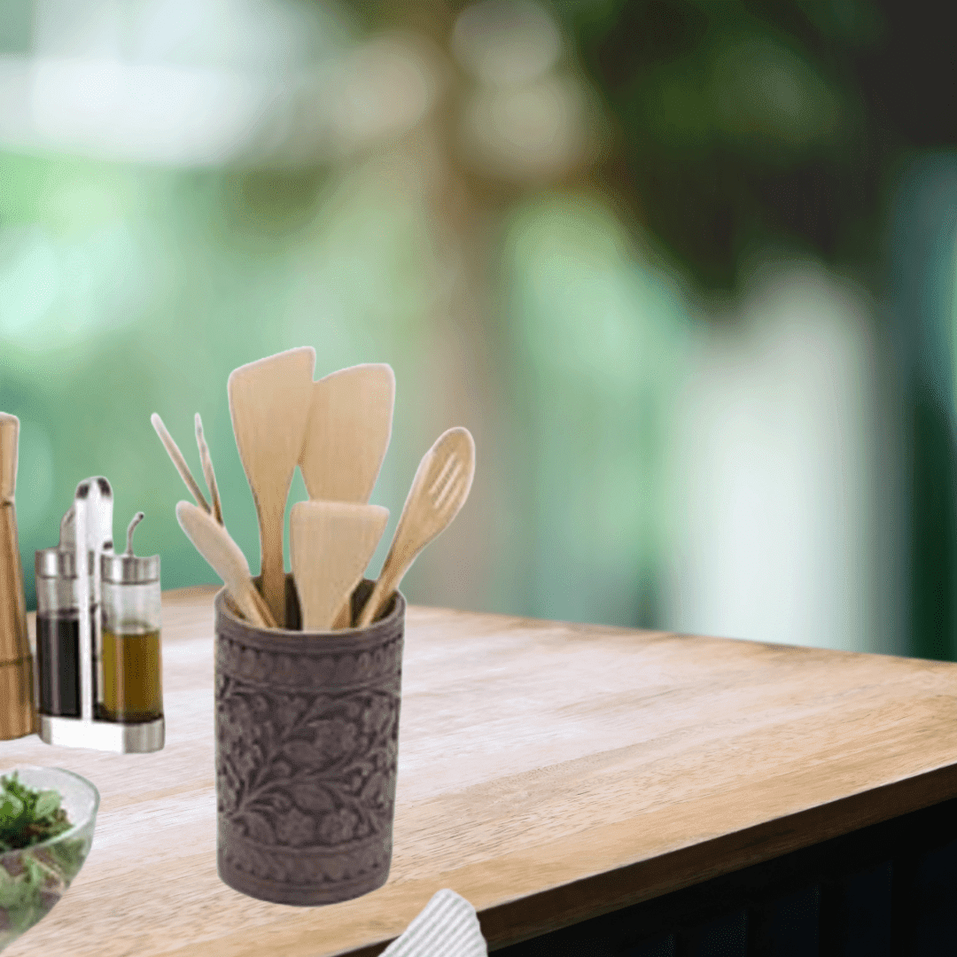 Apexglobal Wooden Utensil Holder with Metal Inlays, 11 x 8 cm, Kitchen ...
