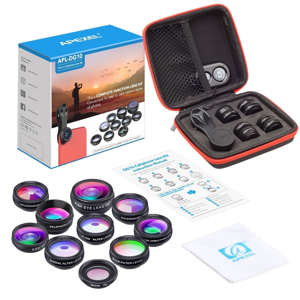 Apexel 10 in 1 Phone Camera lens kit Wide Angle lens, Fisheye lens ...