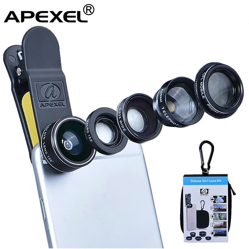 Apexel 5 in 1 Fish Eye+Macro& Wide Angle Lens+CPL Filter+2X Telephoto ...