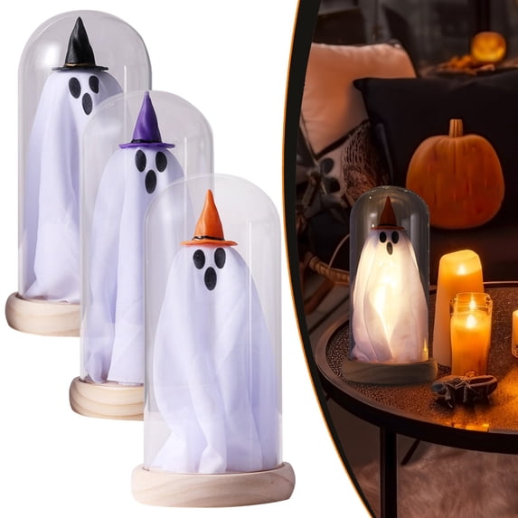 Apeya Halloween Ghost Decorations Indoor, Light Up Glass Cloche Novelty ...