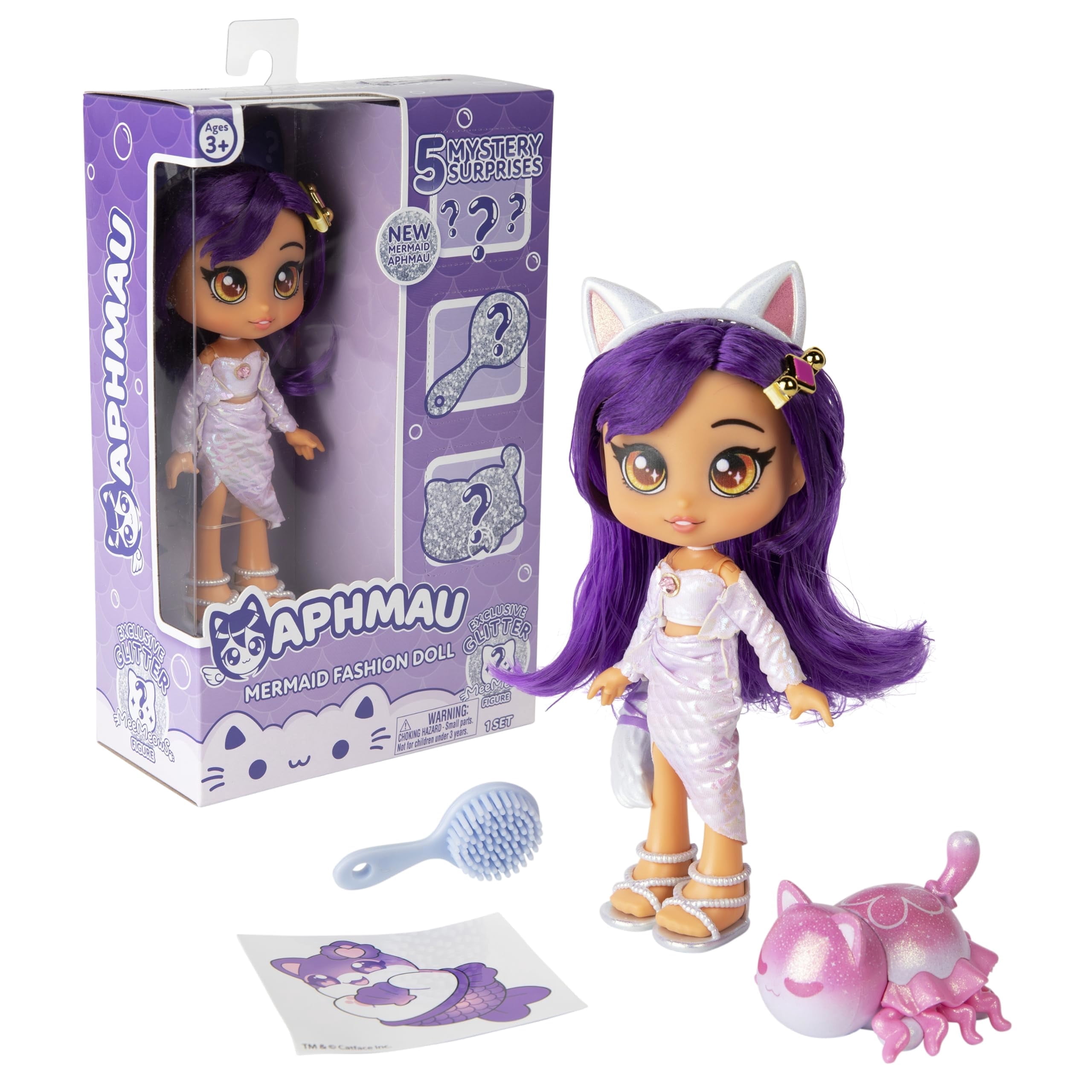 APHMAU Mermaid Fashion Doll, 5 Surprise Toys, Glitter MeeMeows Mini ...
