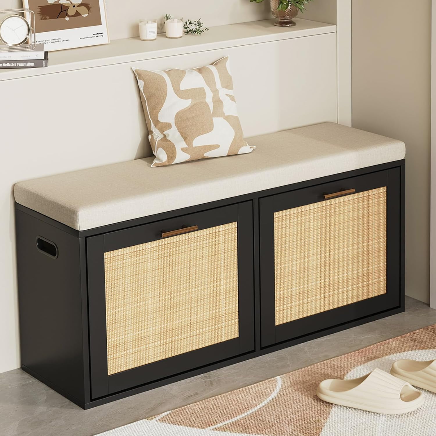 Apicizon 39'' Rattan Entryway Bench with Seat Cushion Shoe Cabinets ...