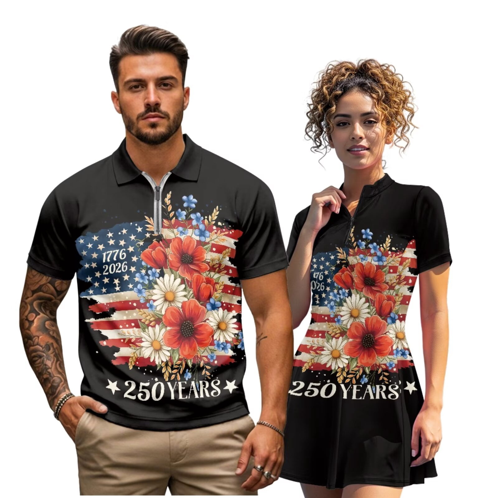 Aplkyhs 250th Anniversary Floral Matching Golf Shirts for Couple 4-Way ...