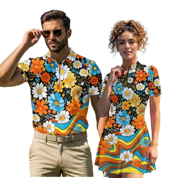Aplkyhs 70s Hippie Floral Matching Couple Tennis Shirts Quarter Zip ...