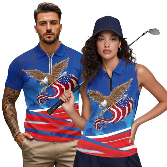Aplkyhs American Flag Bald Eagle Matching Golf Shirts for Couple His ...
