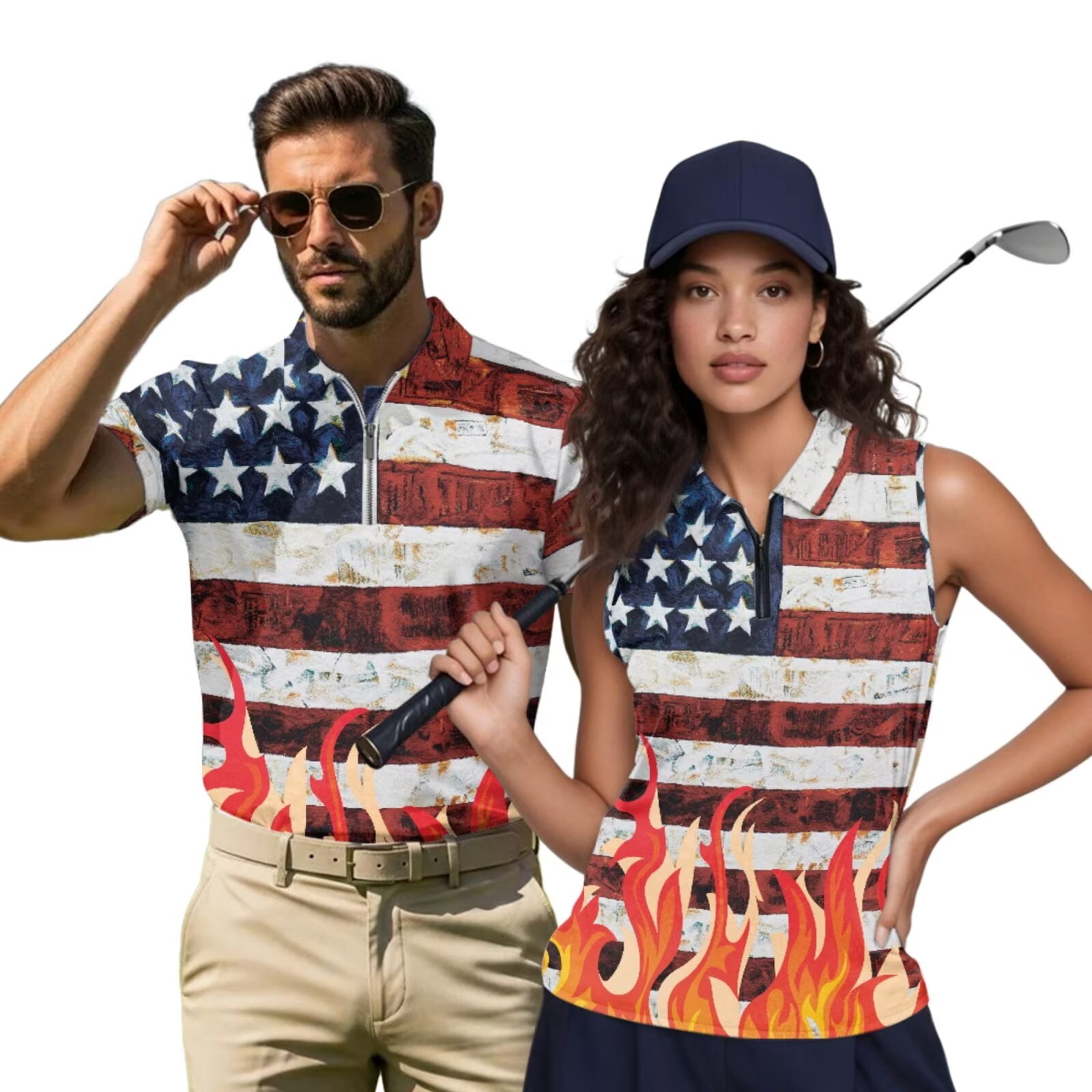 Aplkyhs American Flag Flame Matching Golf Shirts for Couple Women Sport ...