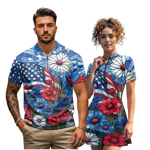 Aplkyhs American Flag Flower Matching Golf Shirts for Couple Machine ...