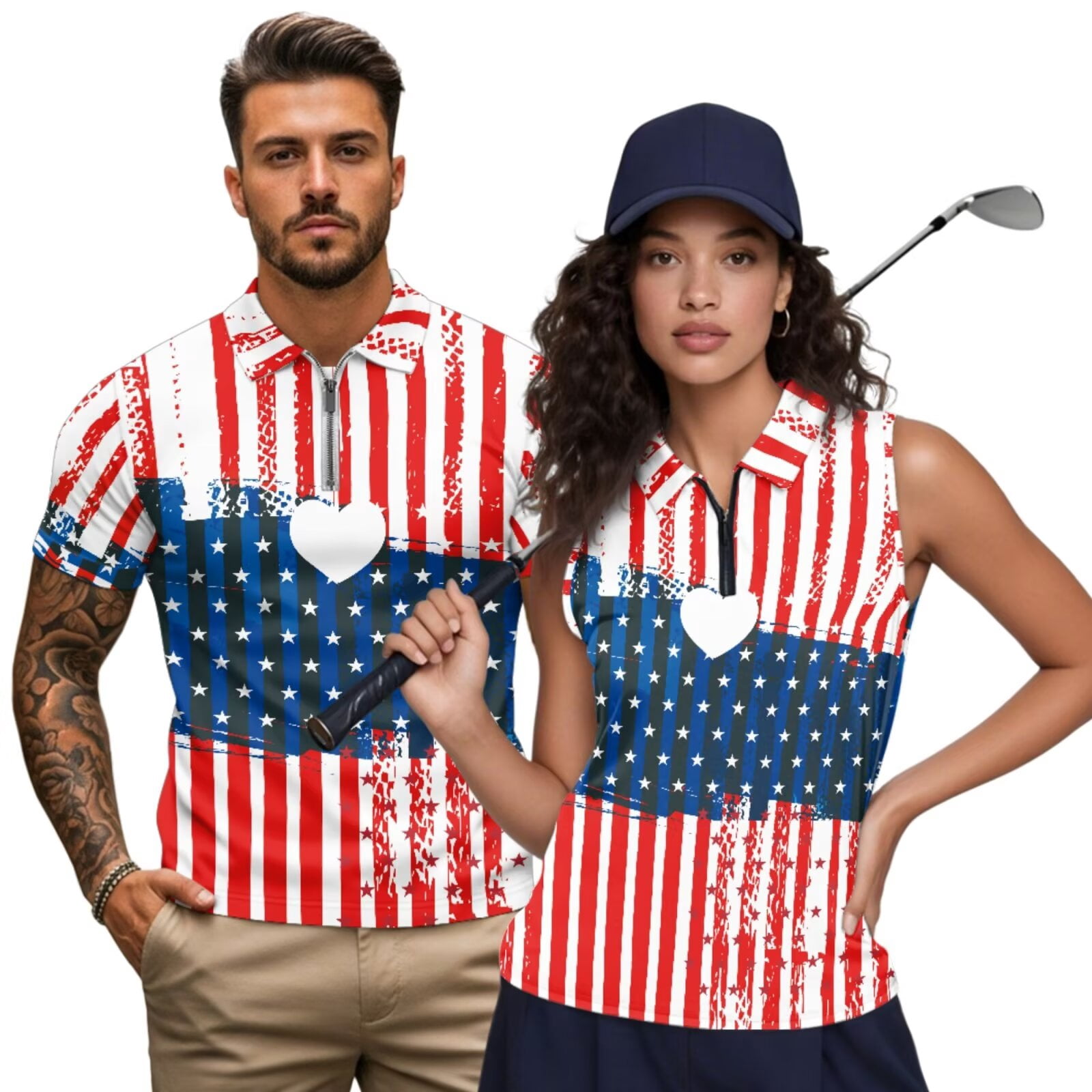 Aplkyhs American Flag Heart Matching Couple Sport Shirts Couple Golf ...
