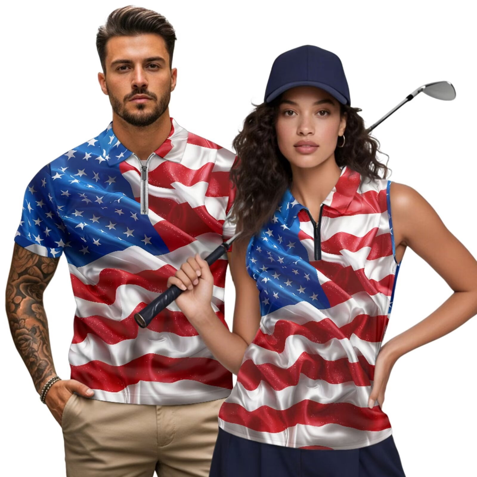 Aplkyhs American Flag Matching Golf Shirts for Couple Women's Matching ...