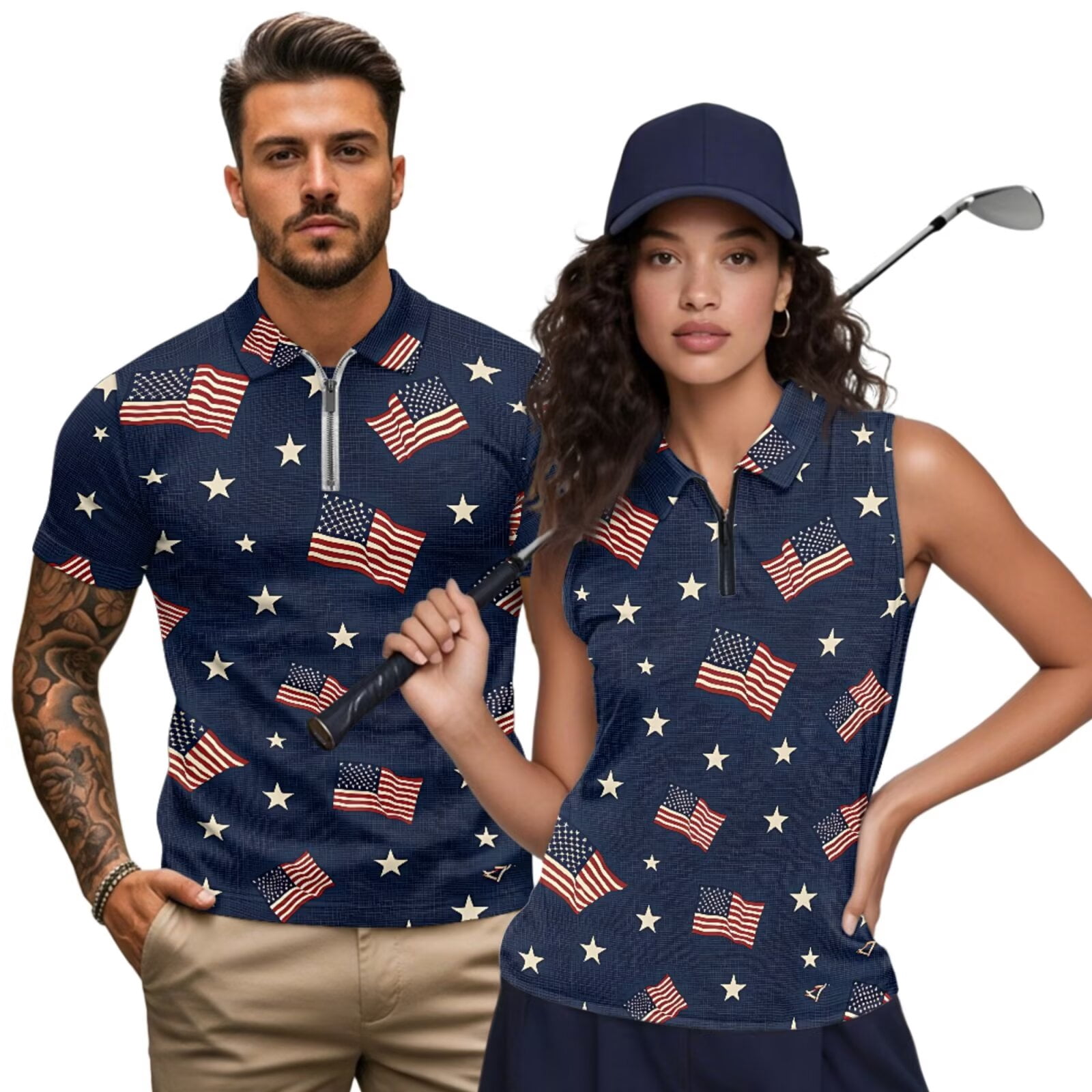 Aplkyhs American Flag Star Matching Golf Shirts for Couple Lightweight ...