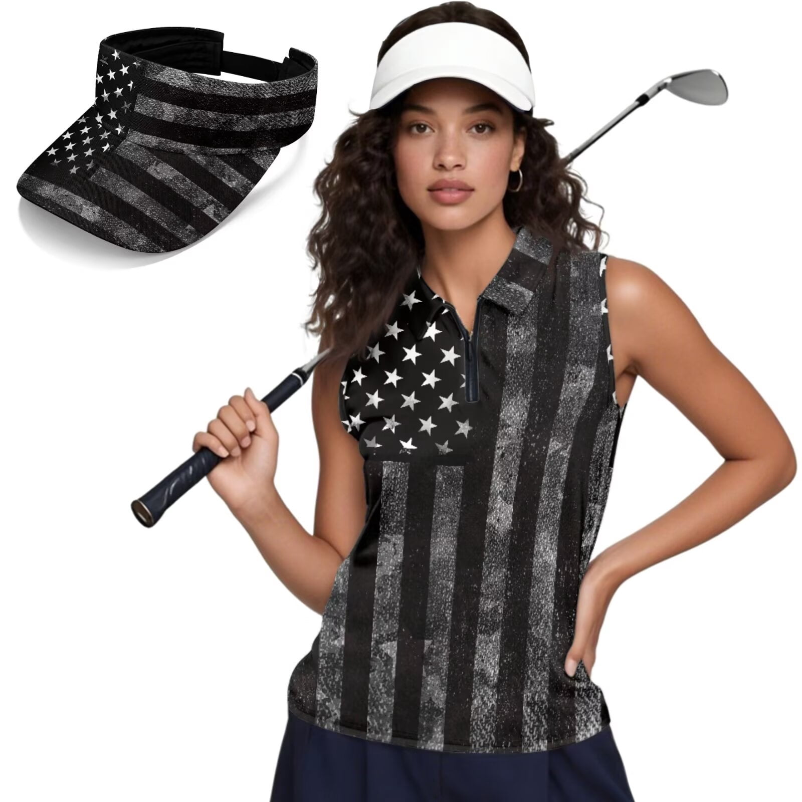 Aplkyhs American Flag Women's Golf Shirt and Sun Visor Hat Set ...