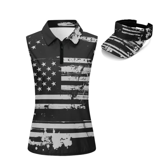 Aplkyhs Black American Flag Women's Golf Shirt and Sun Visor Hat Set ...