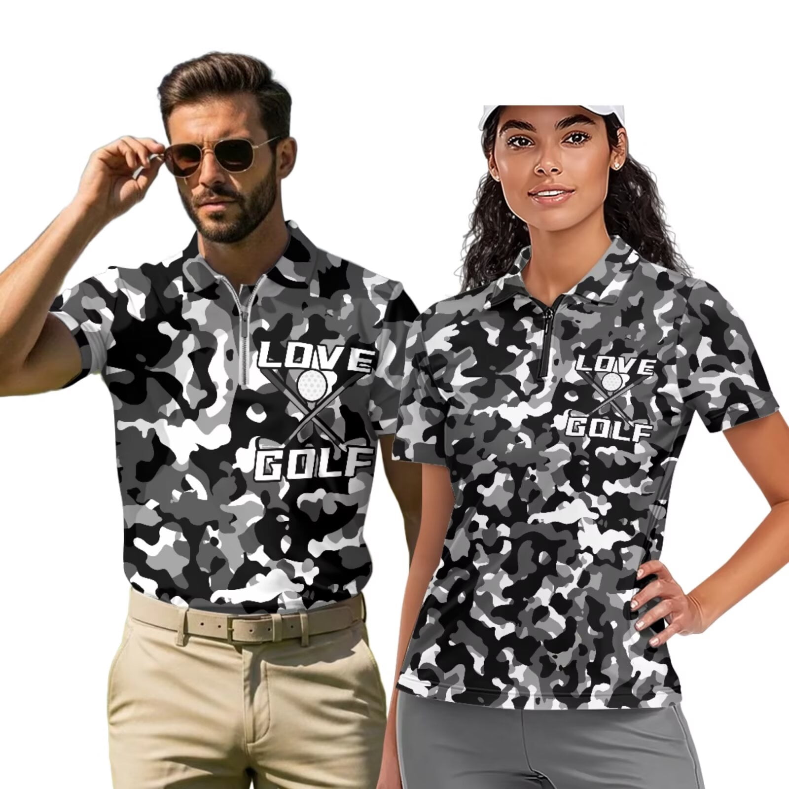 Aplkyhs Black Camouflage Matching Golf Shirts for Couple Quarter Zip ...