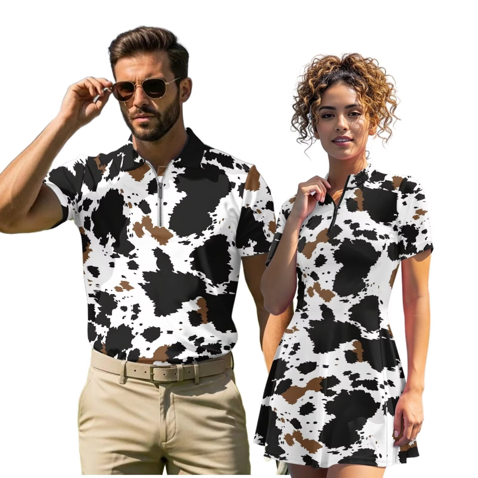 Aplkyhs Black Cow Print Couple Golf Shirts Quarter Zip Mens Hawaiian ...