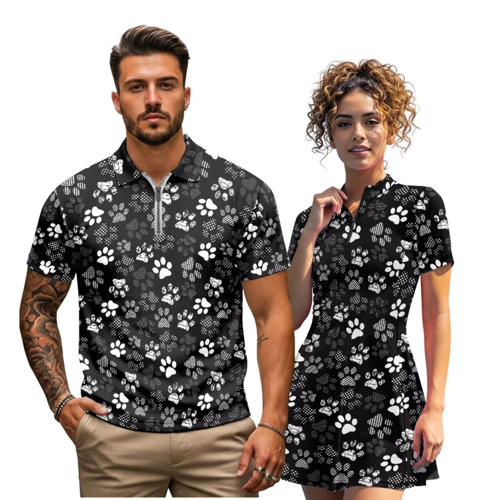 Aplkyhs Black Dog Paw Matching Golf Shirts for Couple Moisture Wicking ...