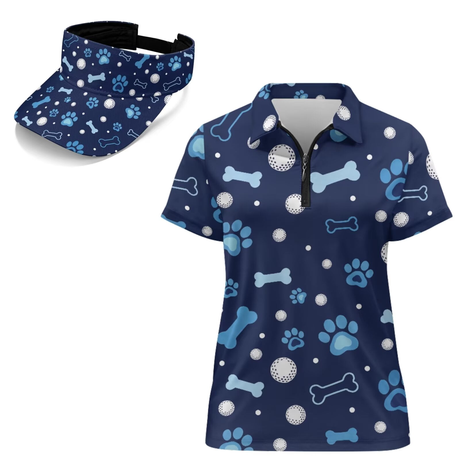 Aplkyhs Blue Dog Paw Women's Golf Shirt and Sun Visor Hat Set Quick Dry ...