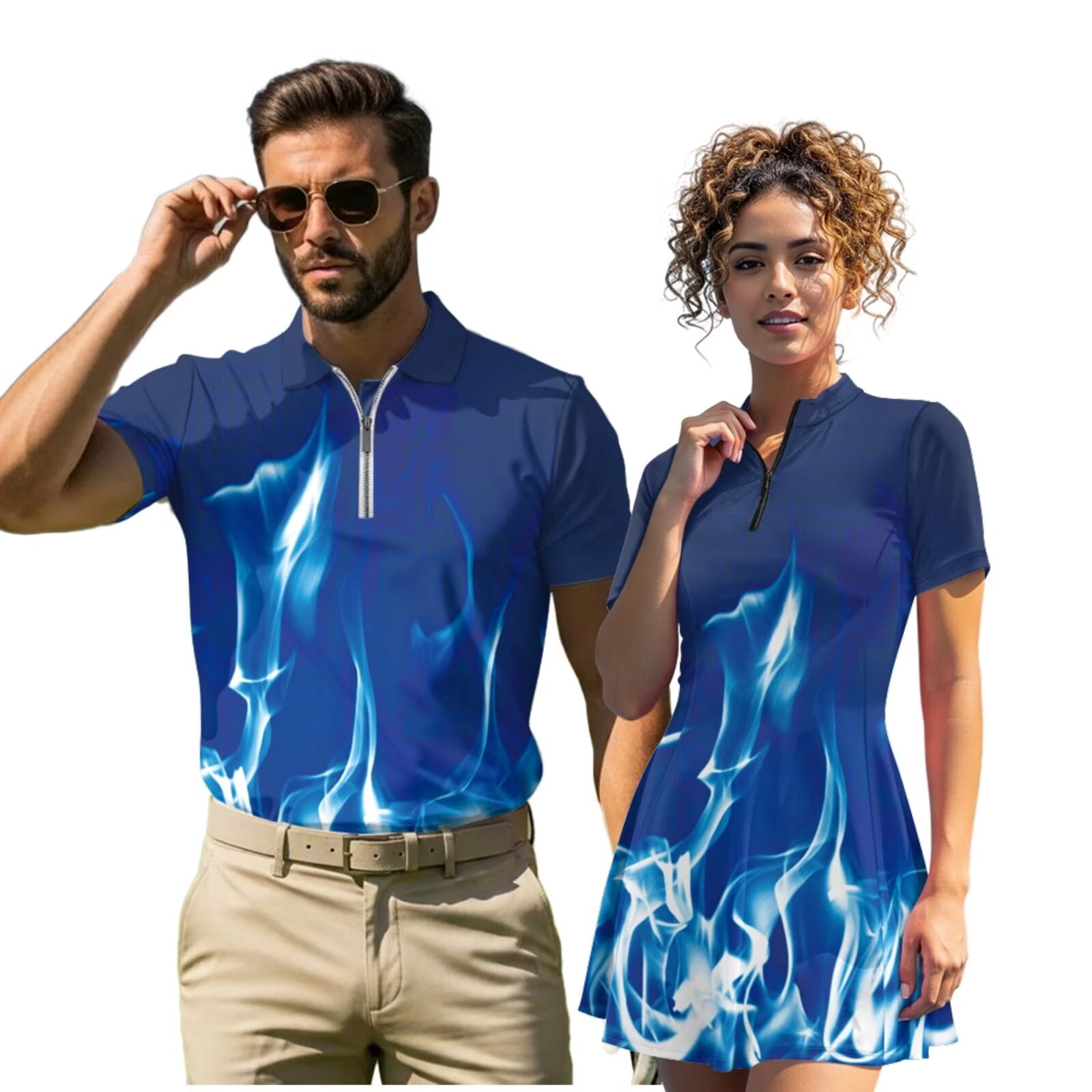 Aplkyhs Blue Flame His and Hers Golf Shirts Matching 4-Way Stretch ...