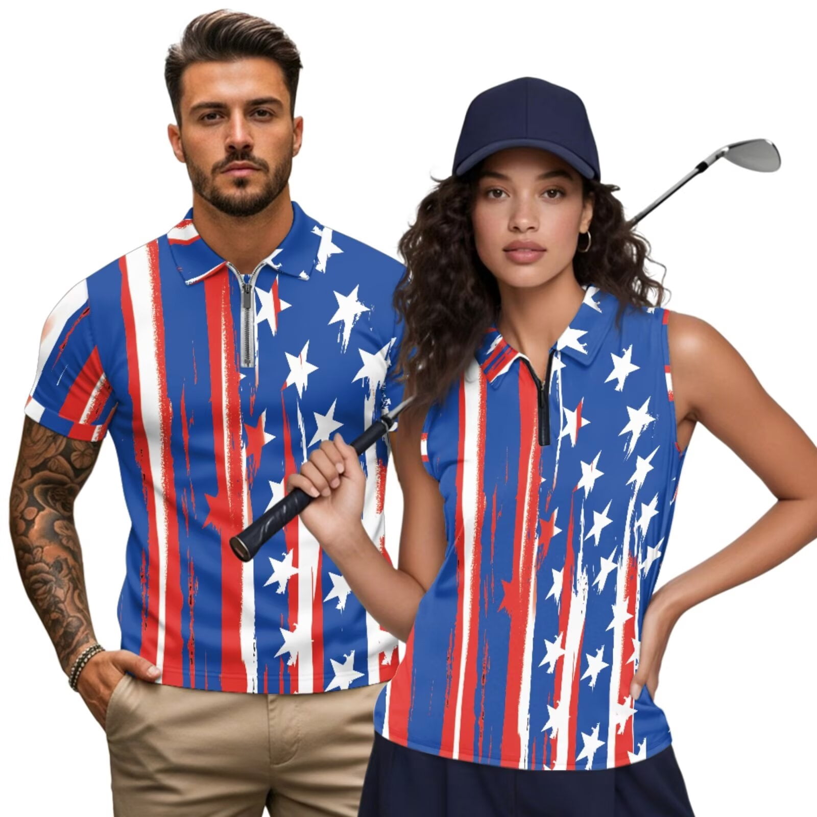 Aplkyhs Blue Patriotic Star Matching Golf Shirts for Couple Lightweight ...