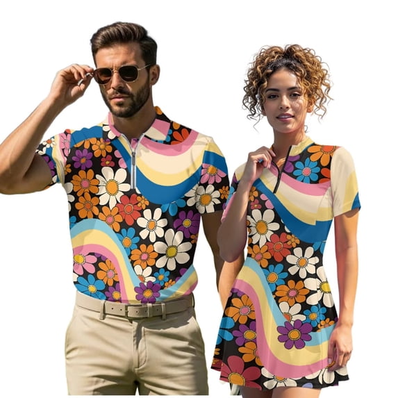 Aplkyhs Boho Flower Matching Couple Golf Shirts Quarter Zip Men's ...