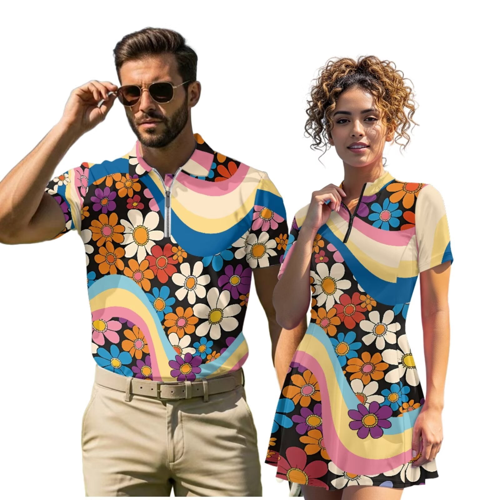 Aplkyhs Boho Flower Matching Golf Shirts for Couple Quarter Zip Funny ...