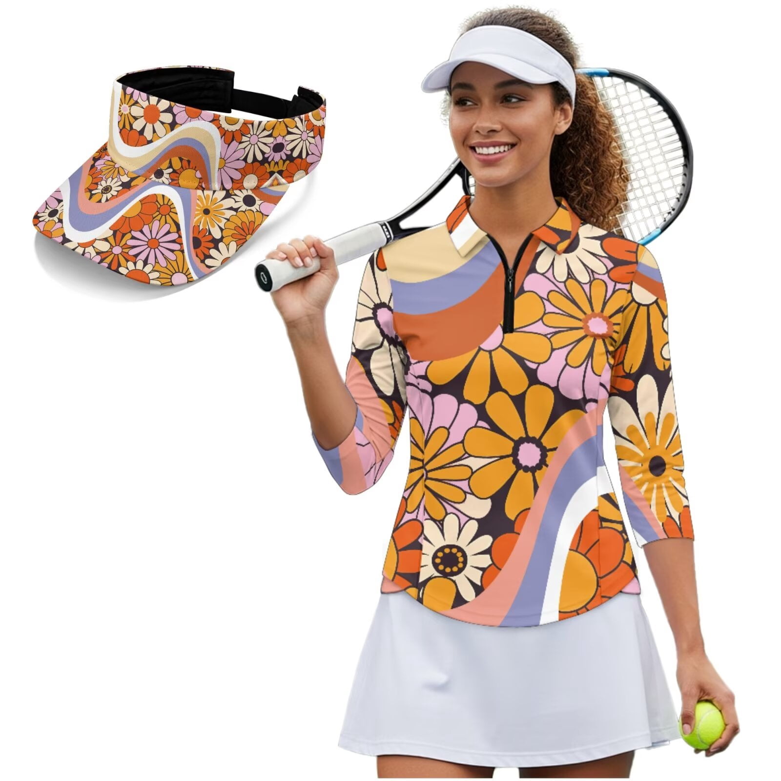 Aplkyhs Boho Flower Women's Golf Shirt and Sun Visor Hat Set 4-Way ...